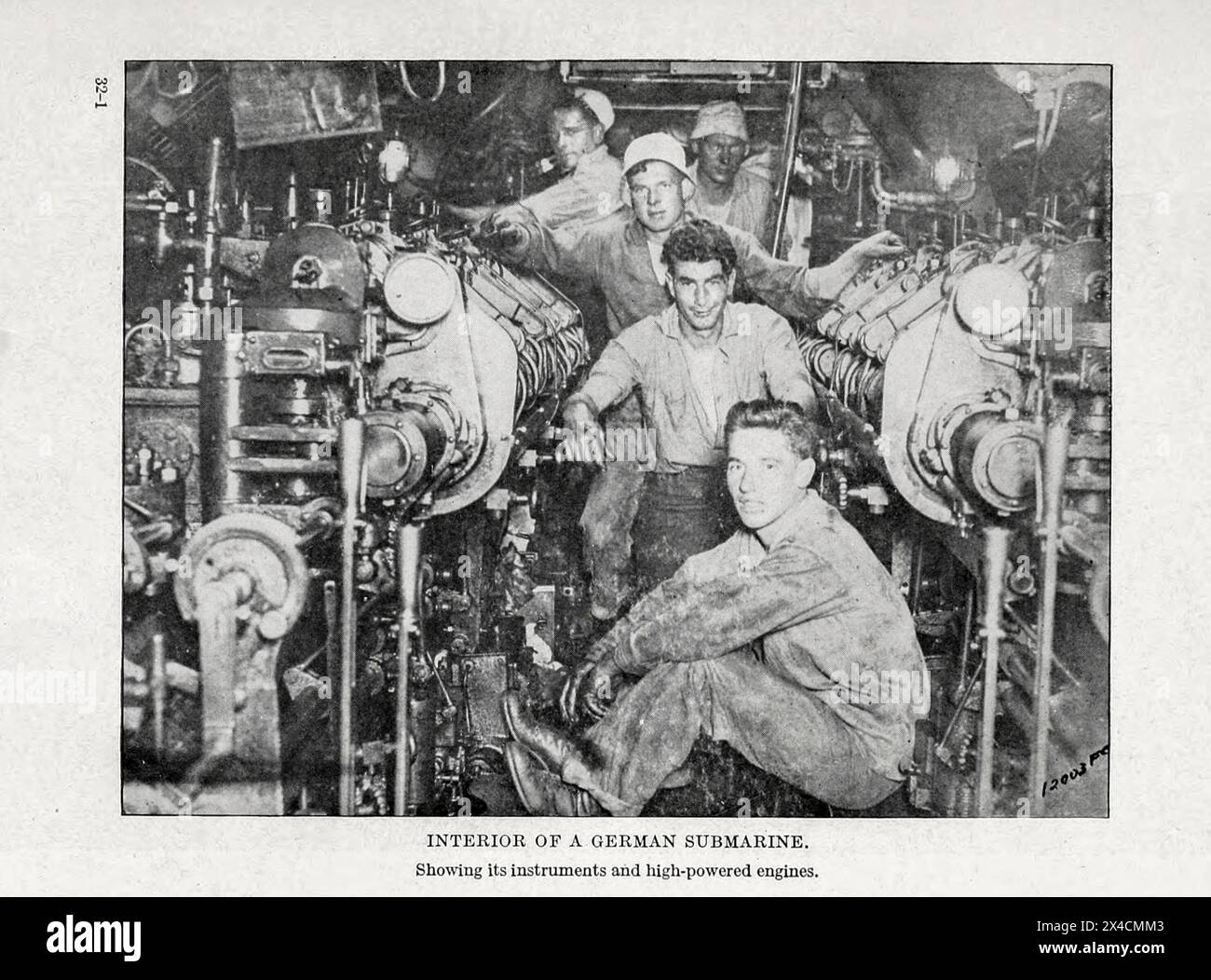The interior of a German submarine showing its instruments and high ...