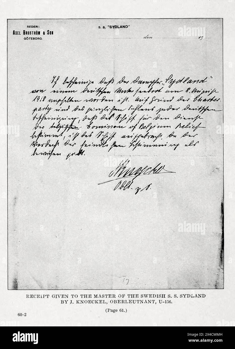 Receipt given to the master of the Swedish S. S. Sydland, by J ...