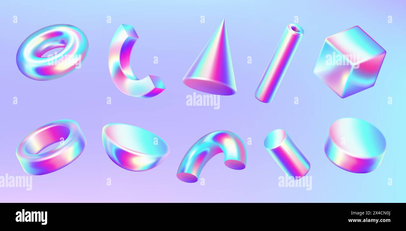 Holographic geometric shapes realistic vector illustration set ...