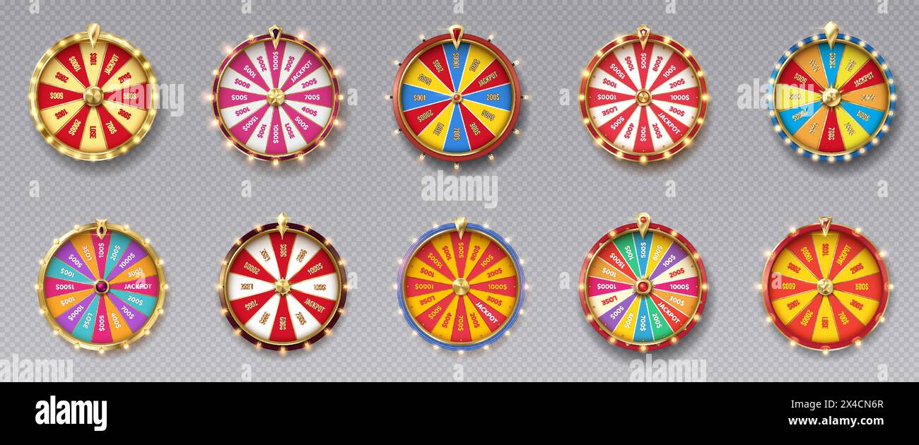 Fortune wheels colorful realistic vector illustration set. Luck win ...