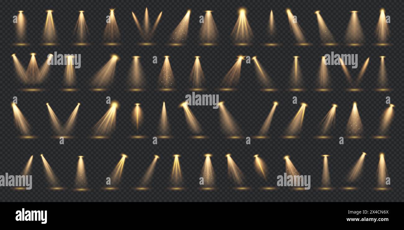 Golden backlight effects 3d realistic vector illustration set. Glowing brightly stage lamps ...