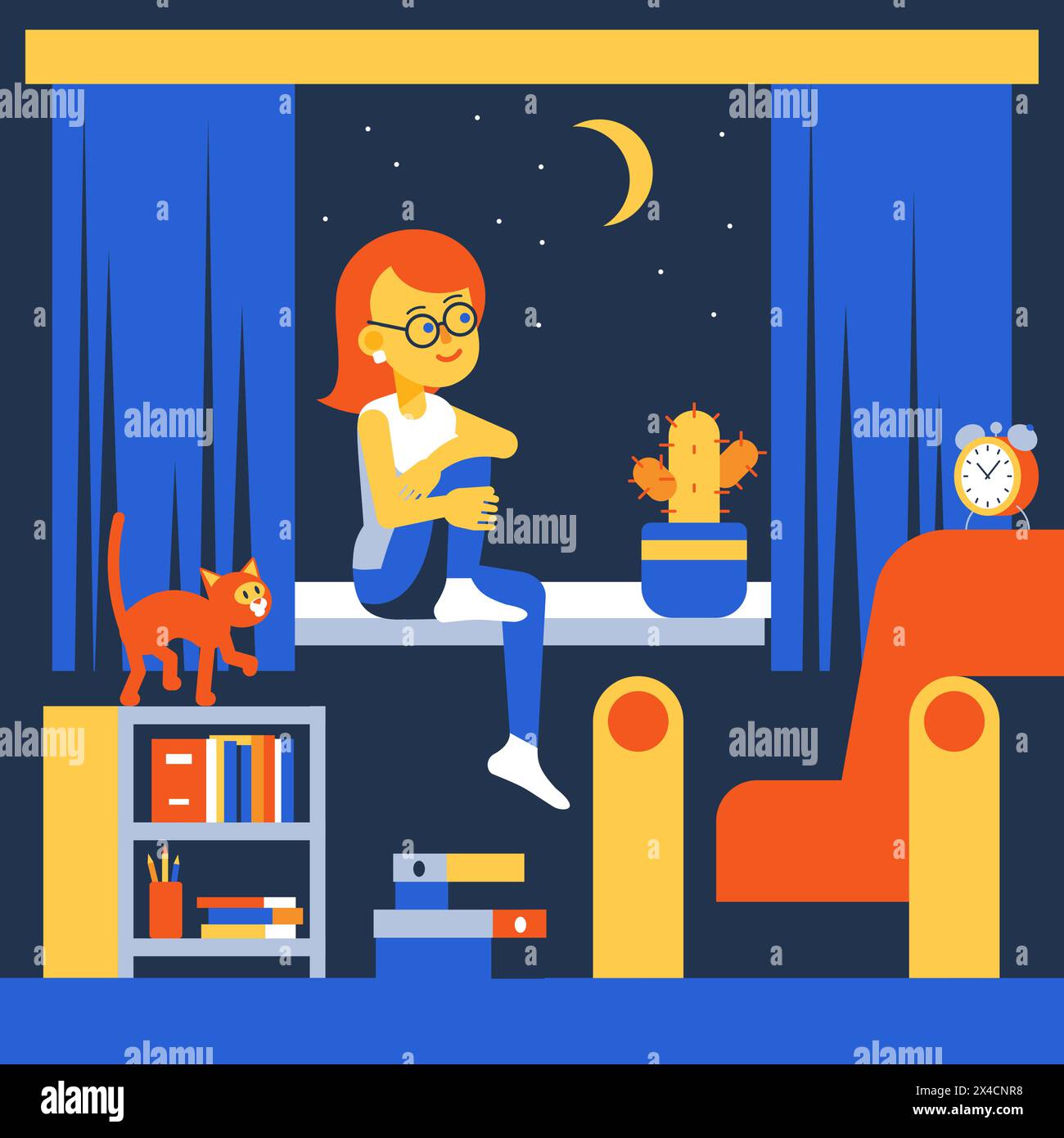 A woman is sitting on a window sill with a cat and a cactus Stock ...