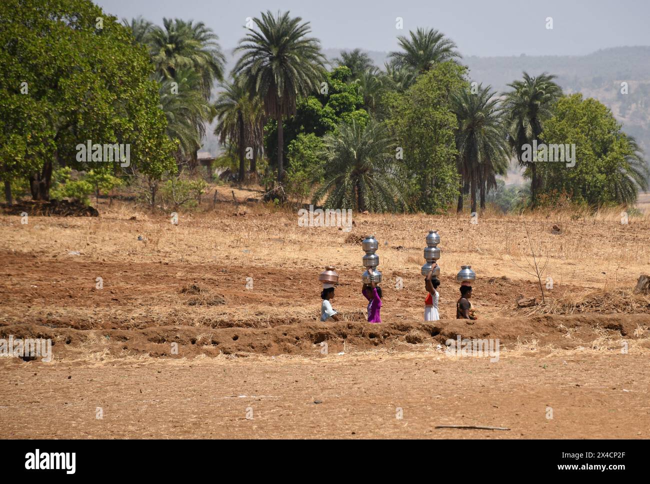 Villagers carry water in vessels near Vihigaon village, Shahapur taluka ...