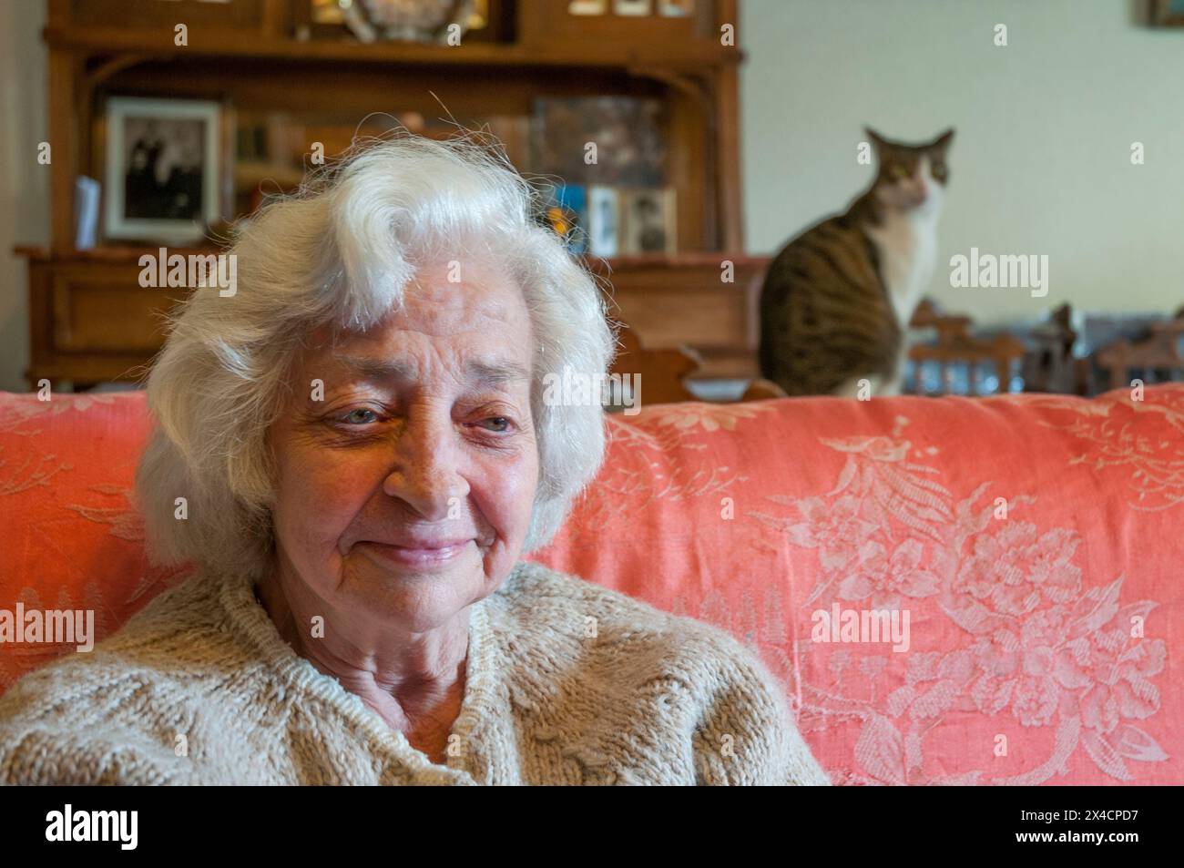 Happy old woman at home with her cat Stock Photo - Alamy