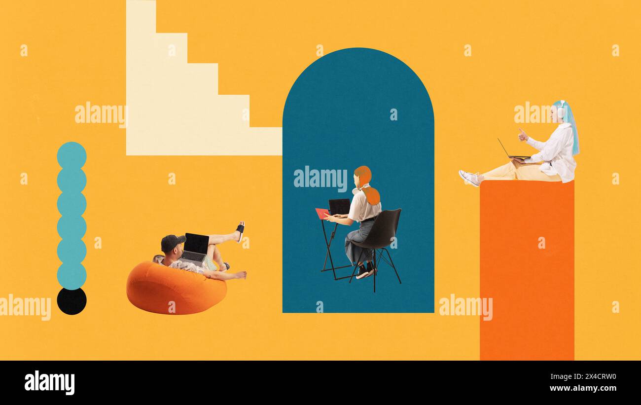 Poster. Contemporary art collage. Shared working environment. People ...