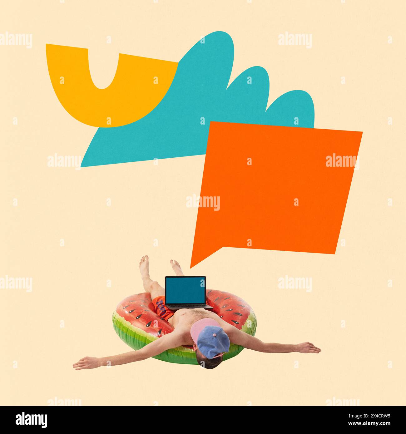 Poster. Contemporary art collage. Man lying, sleeping on watermelon ...