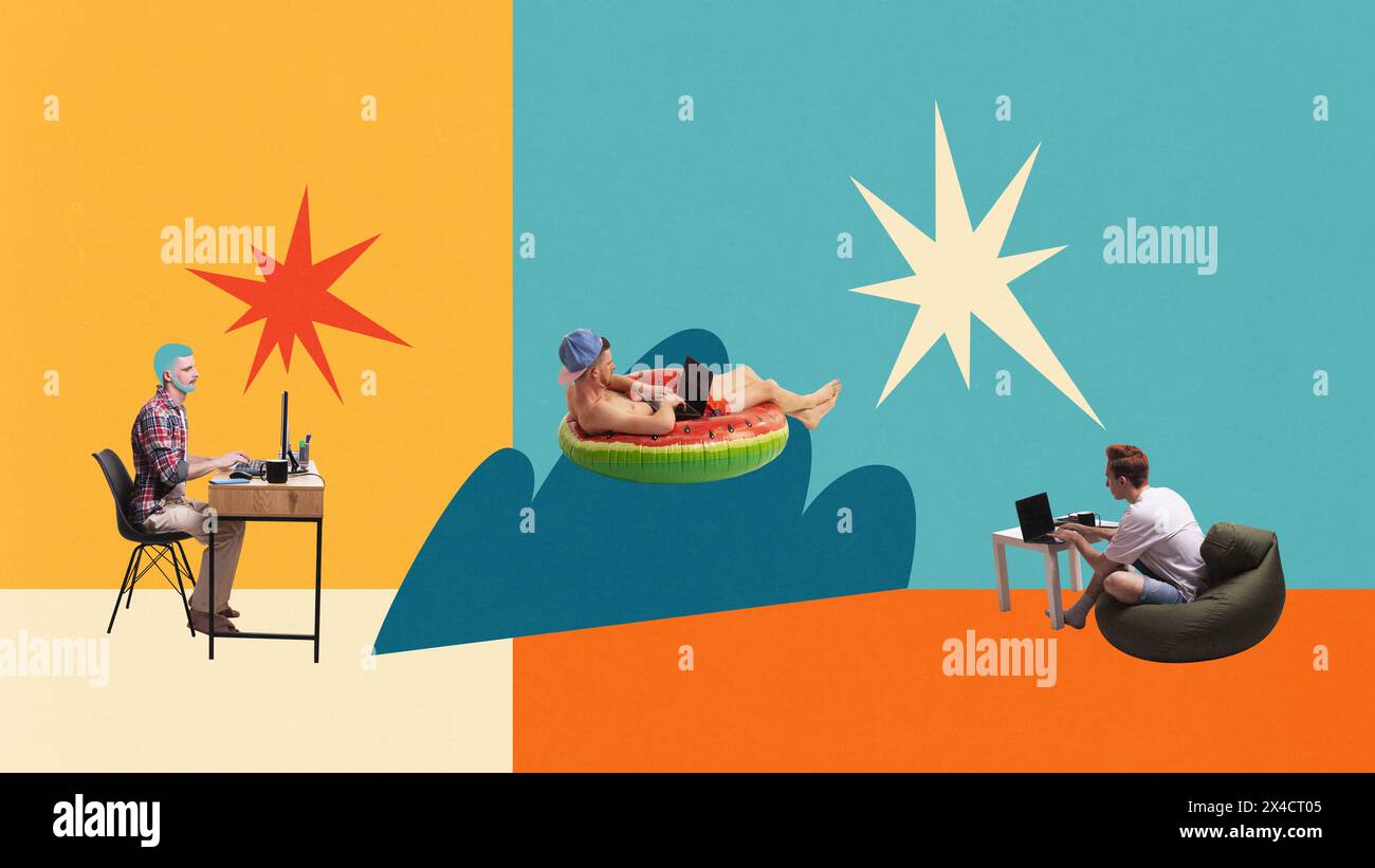 Poster. Contemporary art collage. Three men in varied settings ...