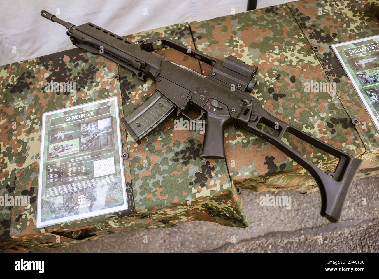 Troisdorf, Germany. 02nd May, 2024. The G36 rifle lies on a table ...