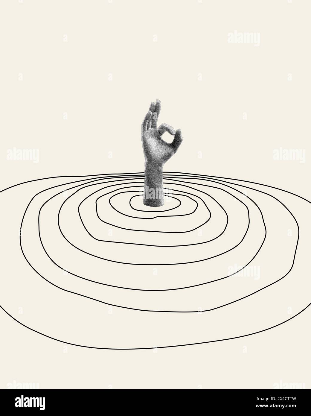 Emerging from chaos. Hand rising from circles meaning water and showing ...