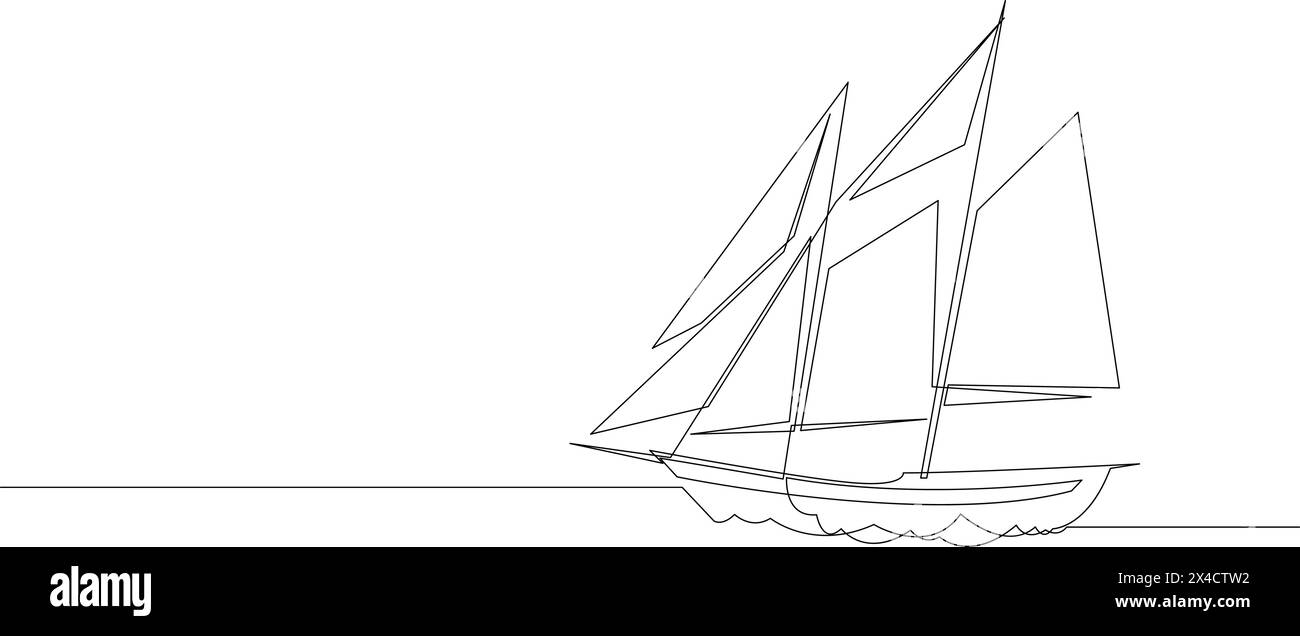 Single line drawing of sail boat or yacht. Abstract sailing vessel silhouette drawn by one ...