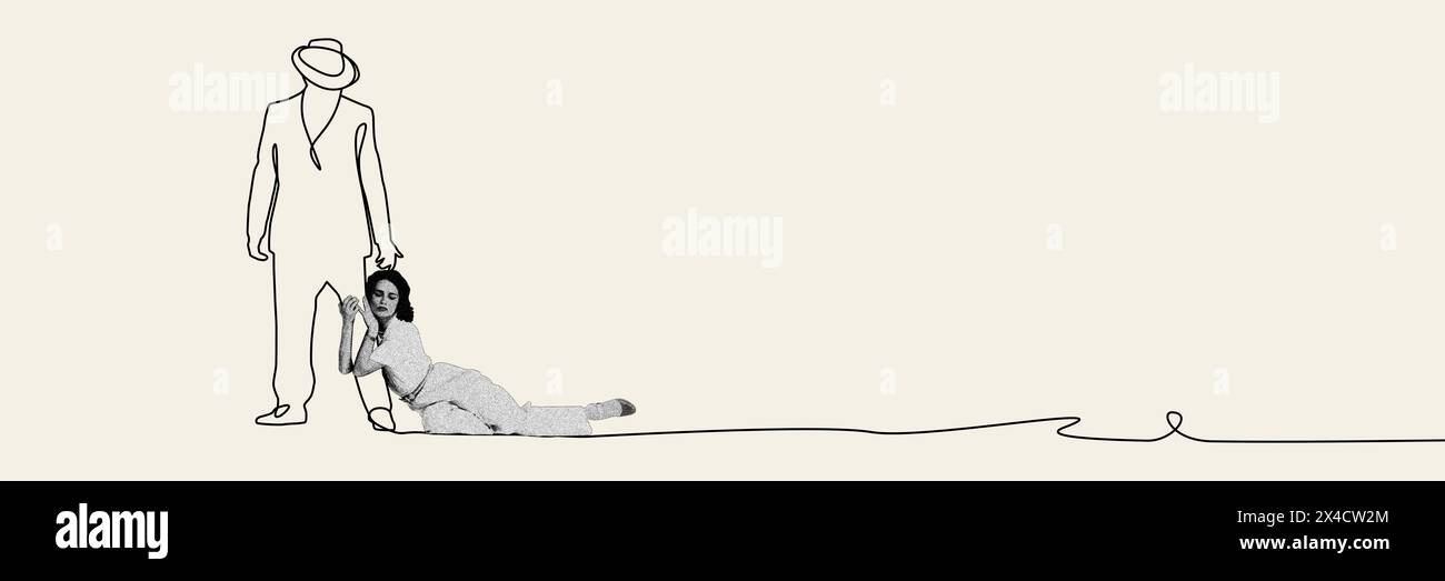 Woman leaning on the drawn figure of man symbolizing feeling lonely ...