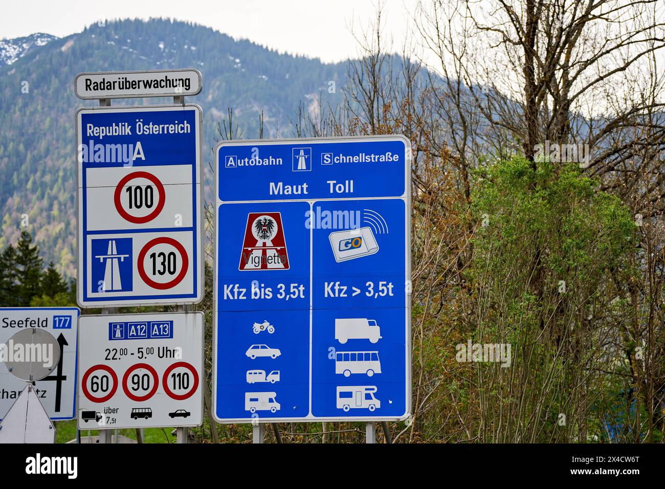 Austria - May 1, 2024: Symbolic image of mandatory vignette on Austrian freeways. Sign on a road ...