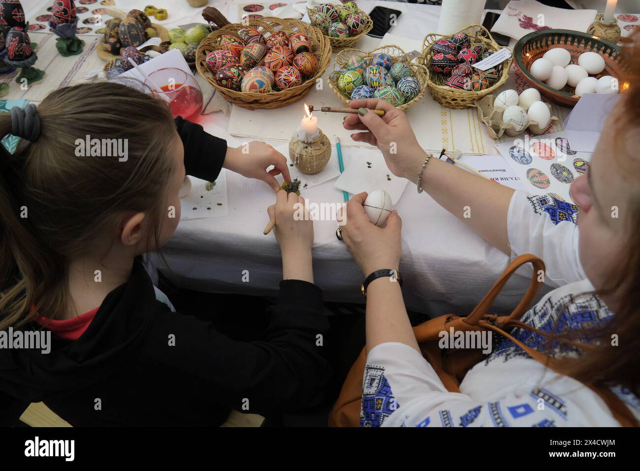 KYIV, UKRAINE - APRIL 30, 2024 - Easter egg painting workshop organized as part of the Ukrainian ...