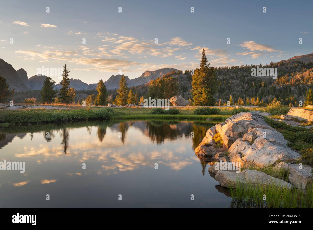 Subalpine pond at sunset. Bridger Wilderness, Wind River Range, Wyoming ...