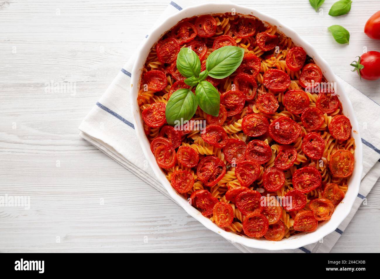 Homemade Easy Tomato Basil Pasta Bake, overhead view. From above, flat ...