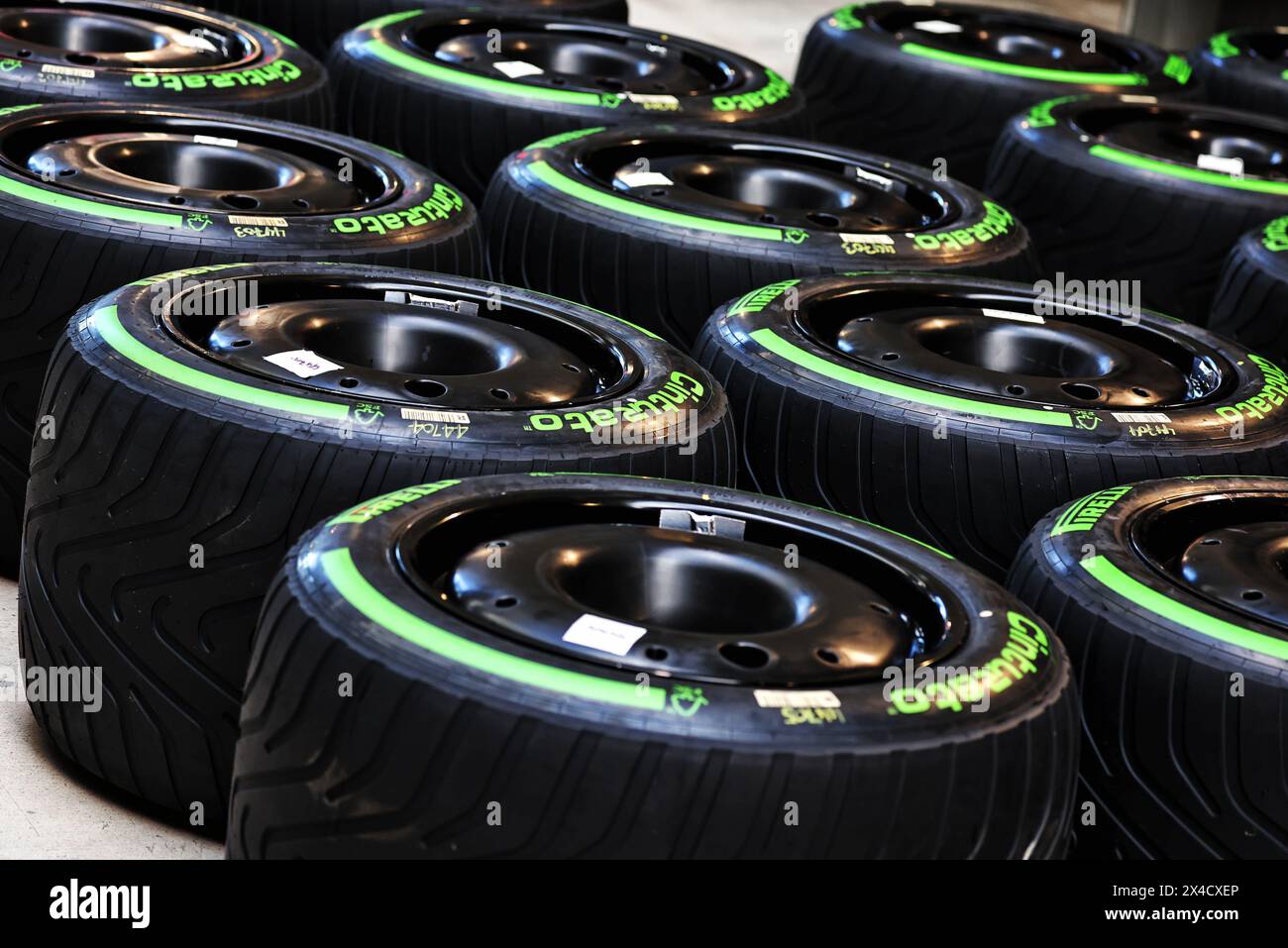 Miami, USA. 02nd May, 2024. Paddock atmosphere - wet Pirelli tyres ...