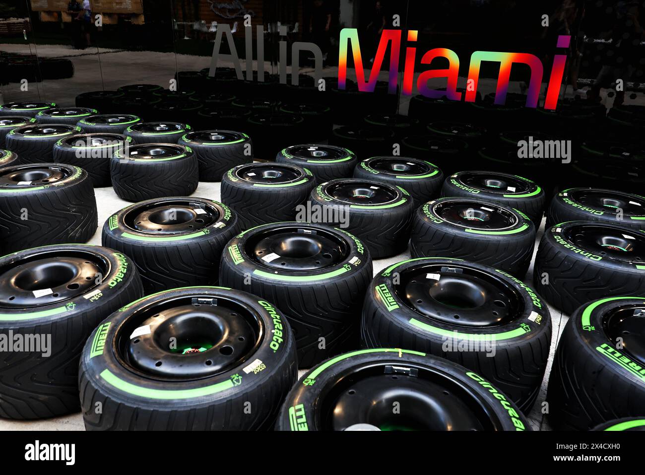 Miami, USA. 02nd May, 2024. Paddock atmosphere - wet Pirelli tyres ...