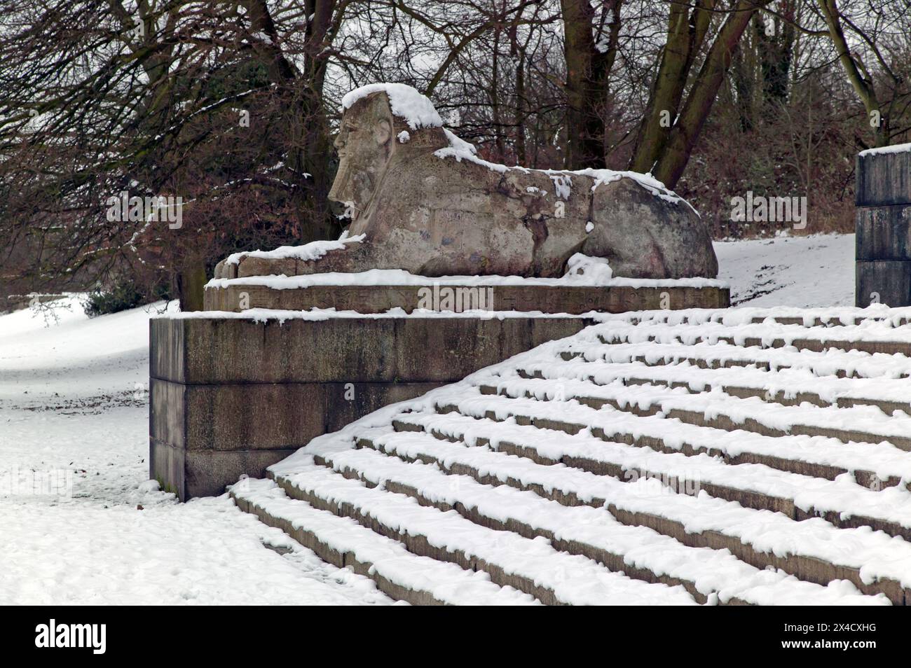 Snow-covered Stone Sphinx sculpture in the remains of the old Crystal ...