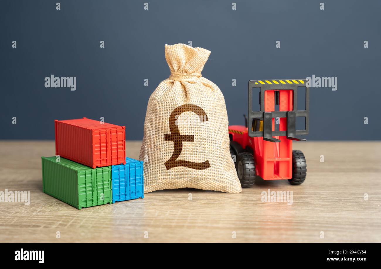 Forklift with shipping containers and british pound sterling money bag ...