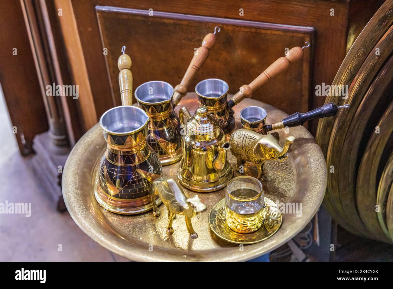 Cairo, Egypt. Coffee pots at a shop on El Moez street in Old Cairo ...