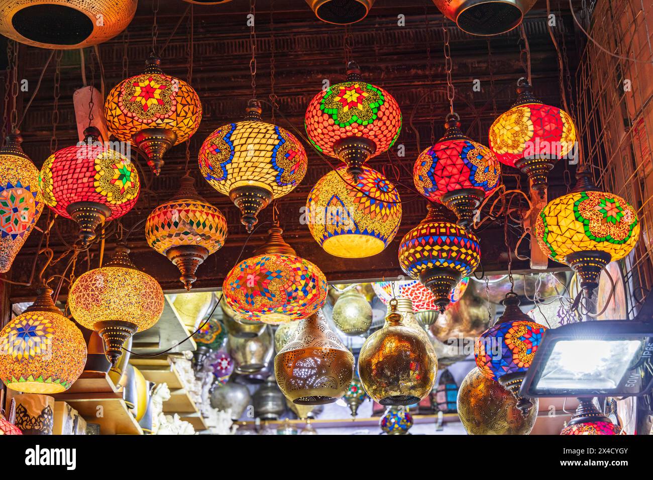 Cairo, Egypt. Colorful lamps at a shop on El Moez street in Old Cairo ...