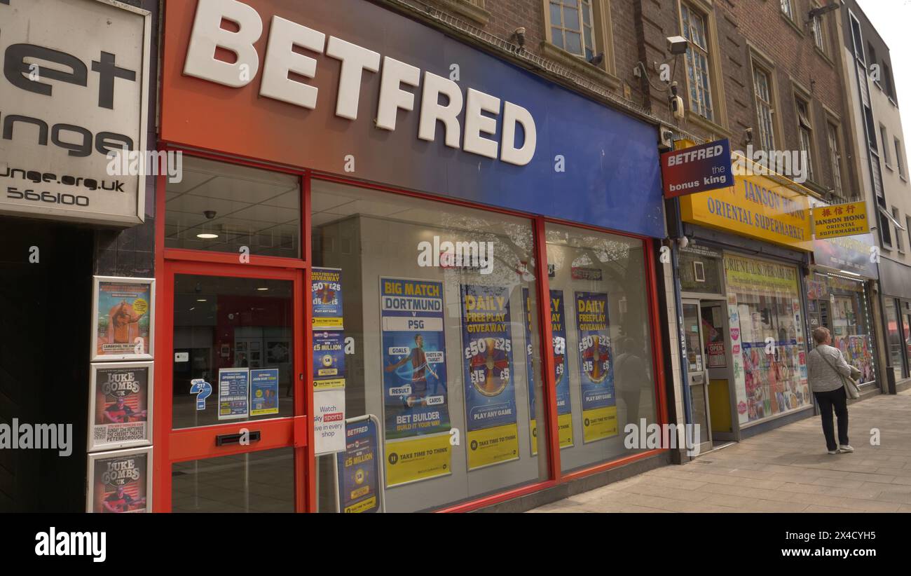 Peterborough UK. May 1 2024. A BetFred shop in Peterborough city centre ...