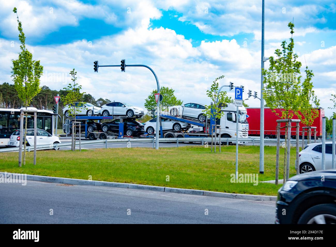 semi-truck transports efficiently transports Tesla cars from production ...