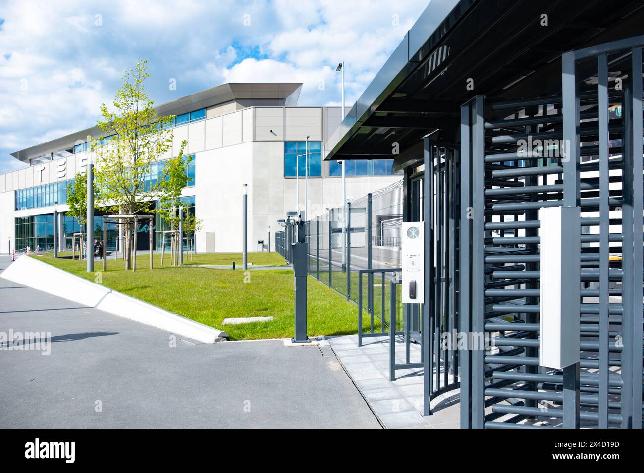 Metal revolving gates to closed area, checkpoint Tesla Gigafactory ...