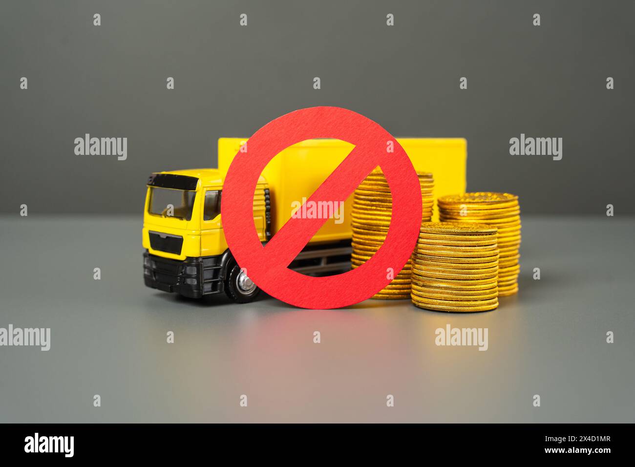 Freight restrictions. Transit ban. Sanctions. Truck with coins and red ...