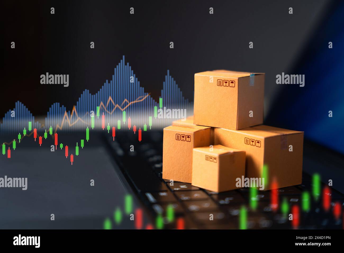 Boxes on a laptop and stock exchange charts. Trading and online ...