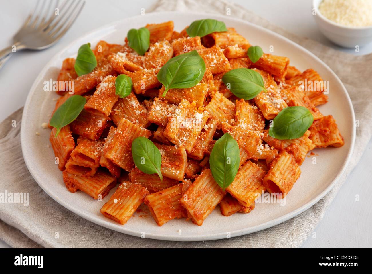 Homemade Vodka Rigatoni Pasta with Parmesan Cheese and Basil, side view ...