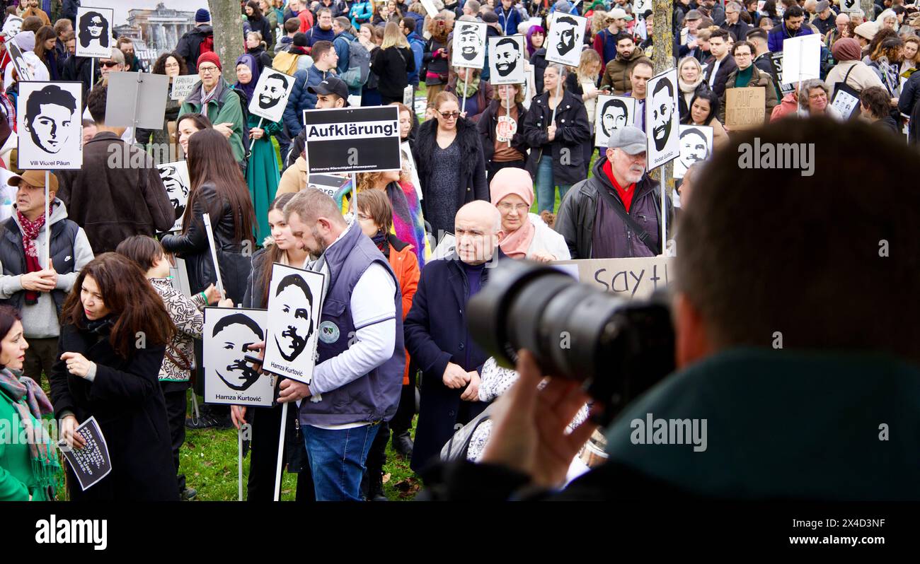 Hanau, Germany, February 17, 2024. Thousands of people participate at the commemoration of ...