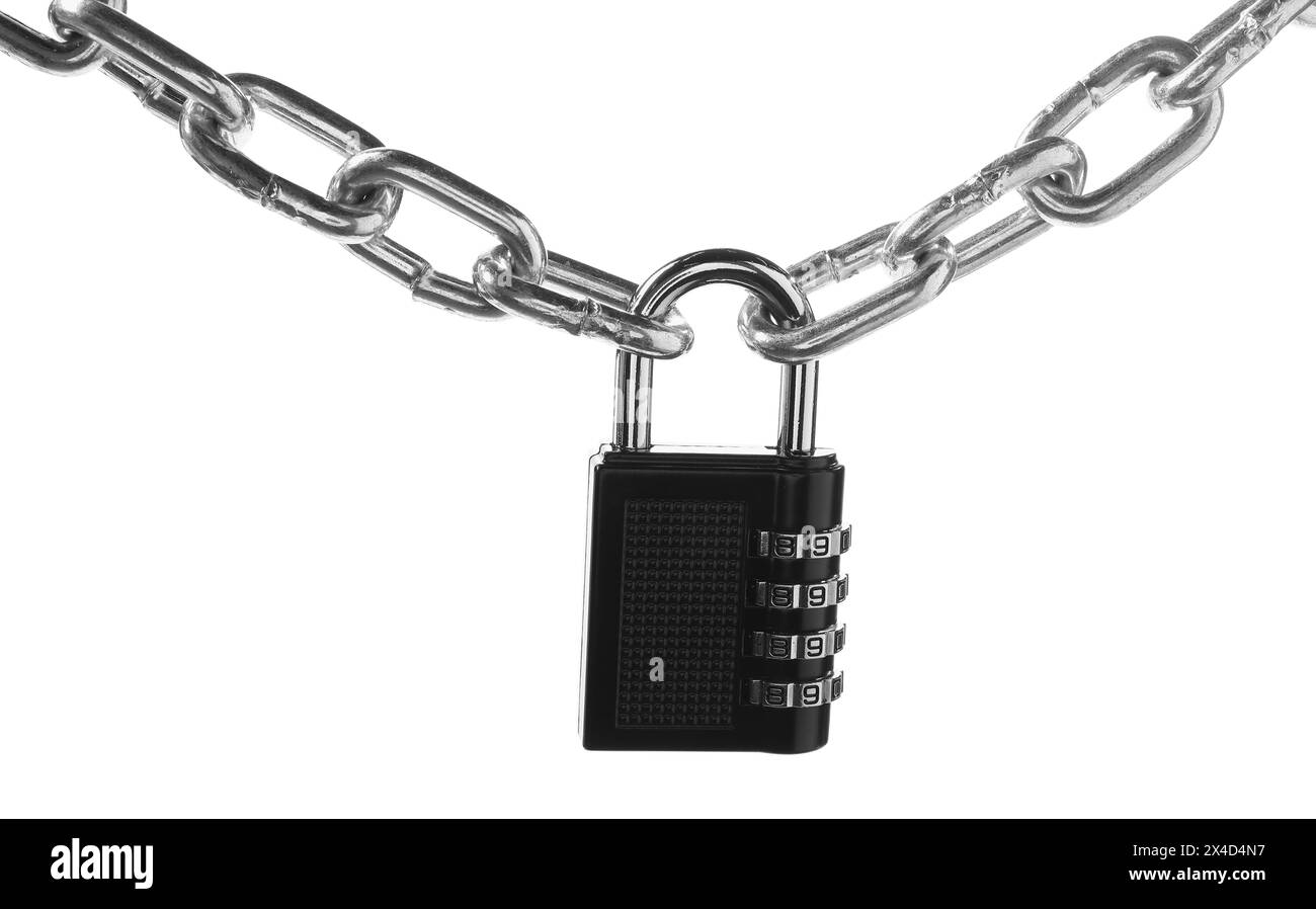 Steel combination padlock and chain isolated on white Stock Photo - Alamy