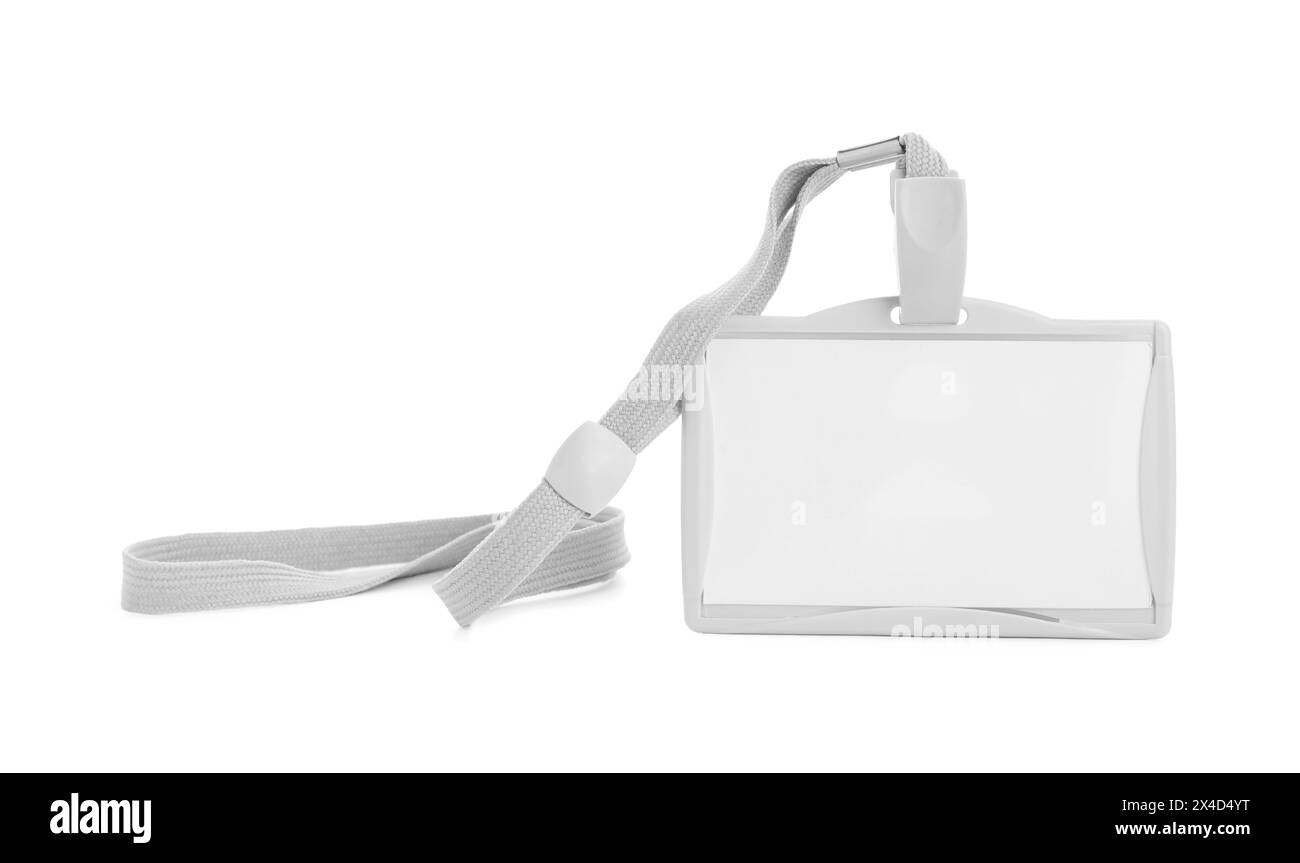 Blank badge with grey string isolated on white Stock Photo - Alamy
