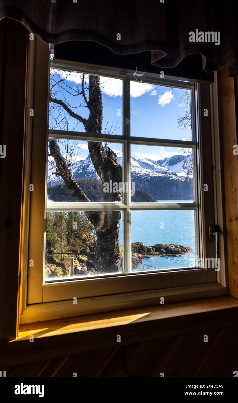 View from a window to the Holandsfjorden and Svartisen glacier in ...