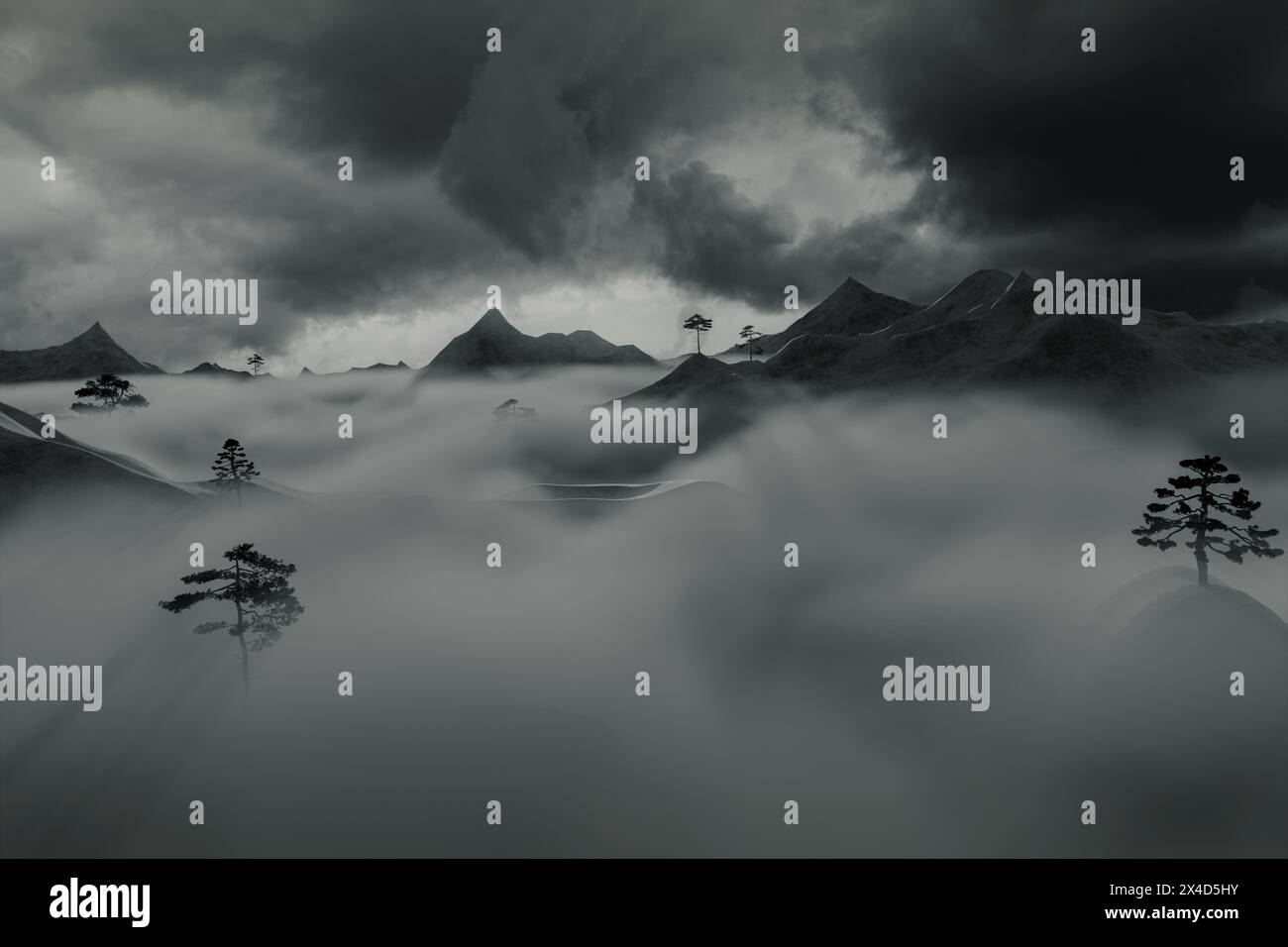 Asian Landscape With Hills And Mountains Covered By A Veil Of Mist ...