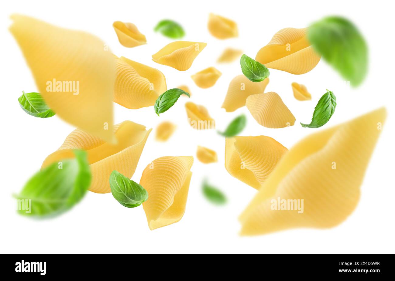 Italian pasta with basil leaf levitating isolated on white background ...