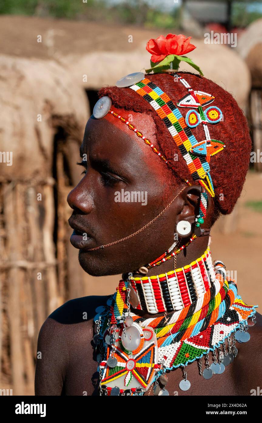 Close-up portrait of a colorfully adorned Samburu tribesman. Loisaba ...