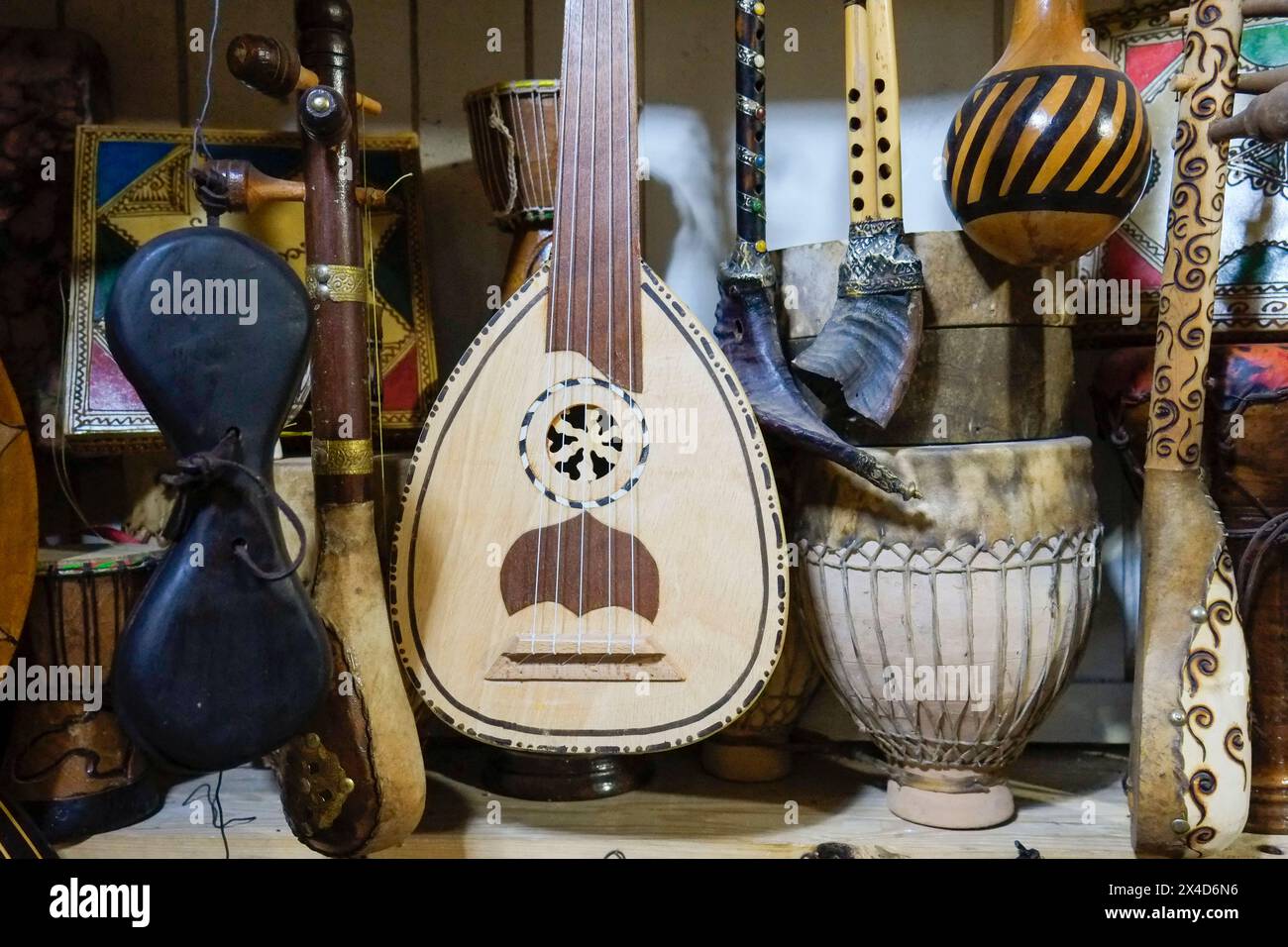 Fes, Morocco. Traditional musical instruments for sale at a music shop ...
