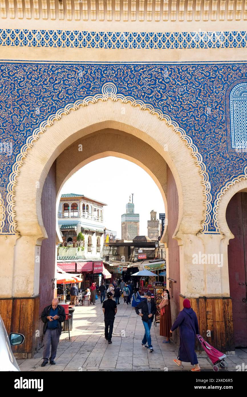 Fes, Morocco. Bar Boloud gate, known as the blue gate. Main entry to ...