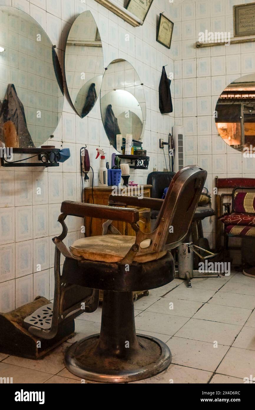 Fes, Morocco. Local barber shop in the medina with antique chair Stock ...
