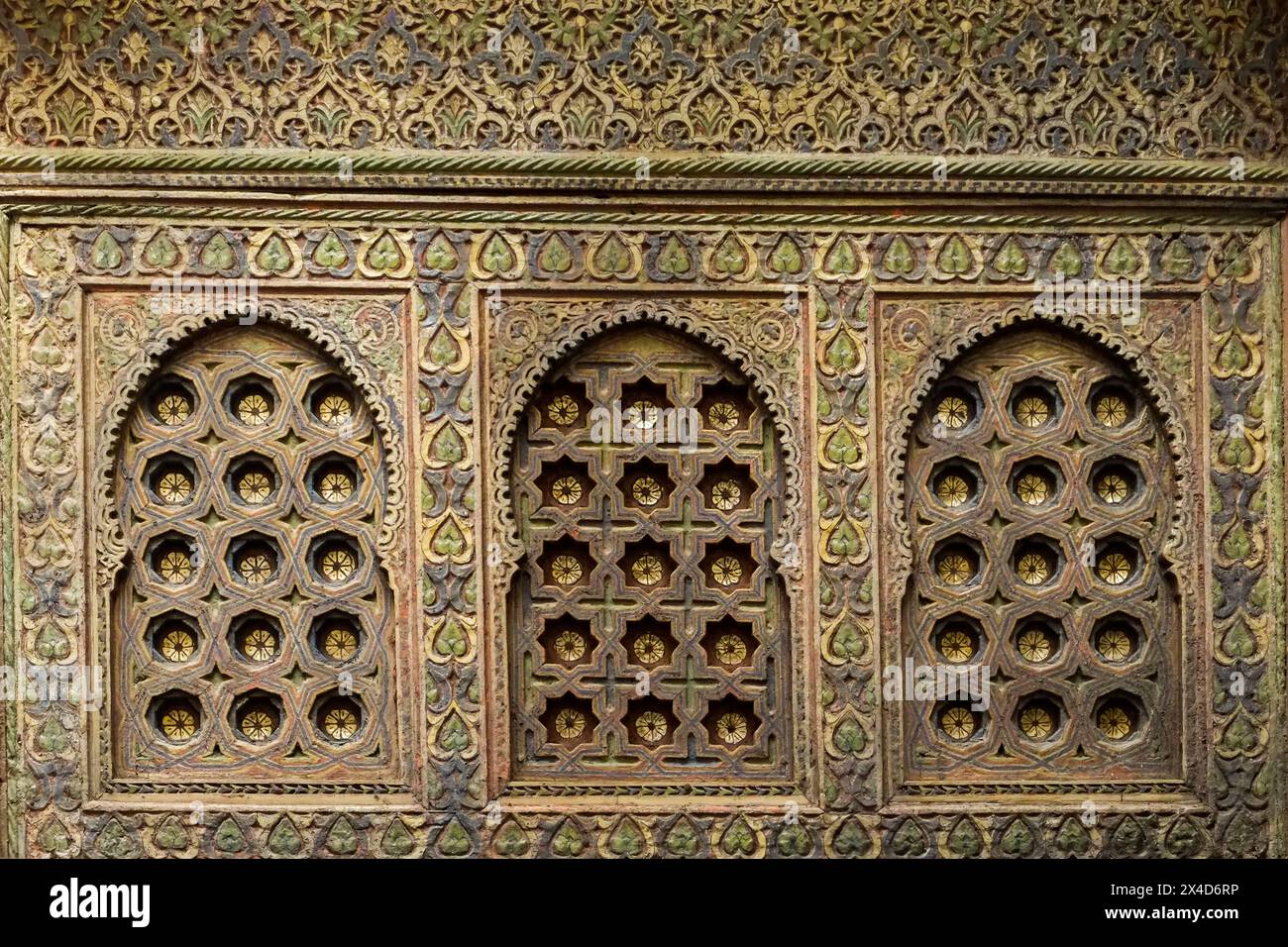 Fes, Morocco. Beautifully carved and hand painted Moorish decor Stock ...