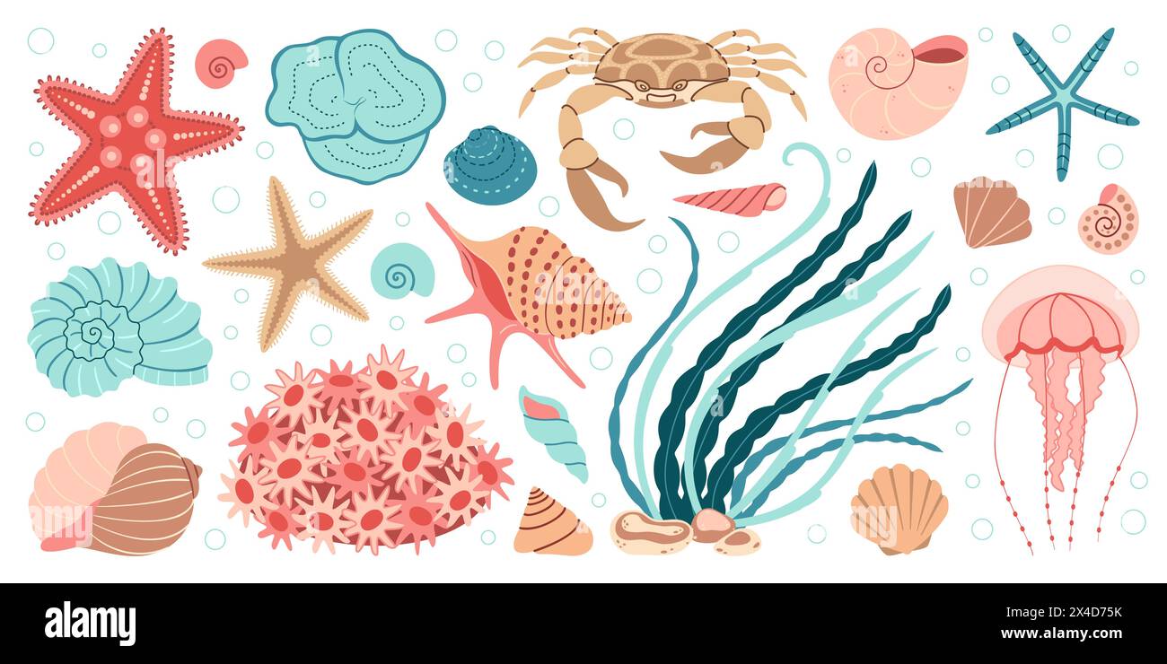 Hand drawn cartoon sea life elements set. Aquatic animals, anemones ...