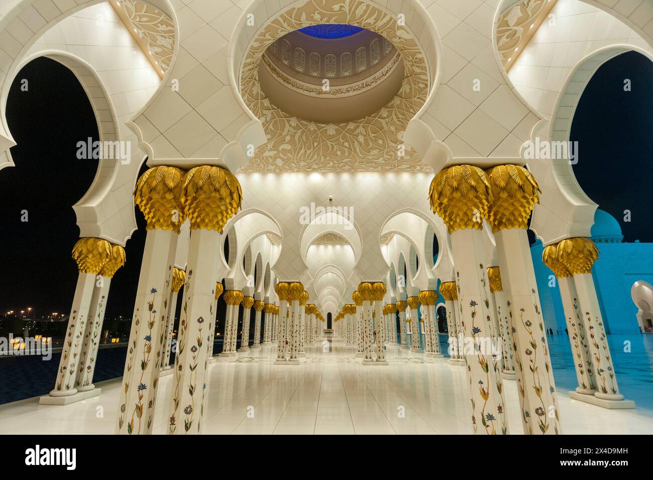 A view of a hall of columns at the Sheikh Zayed Grand Mosque at night ...