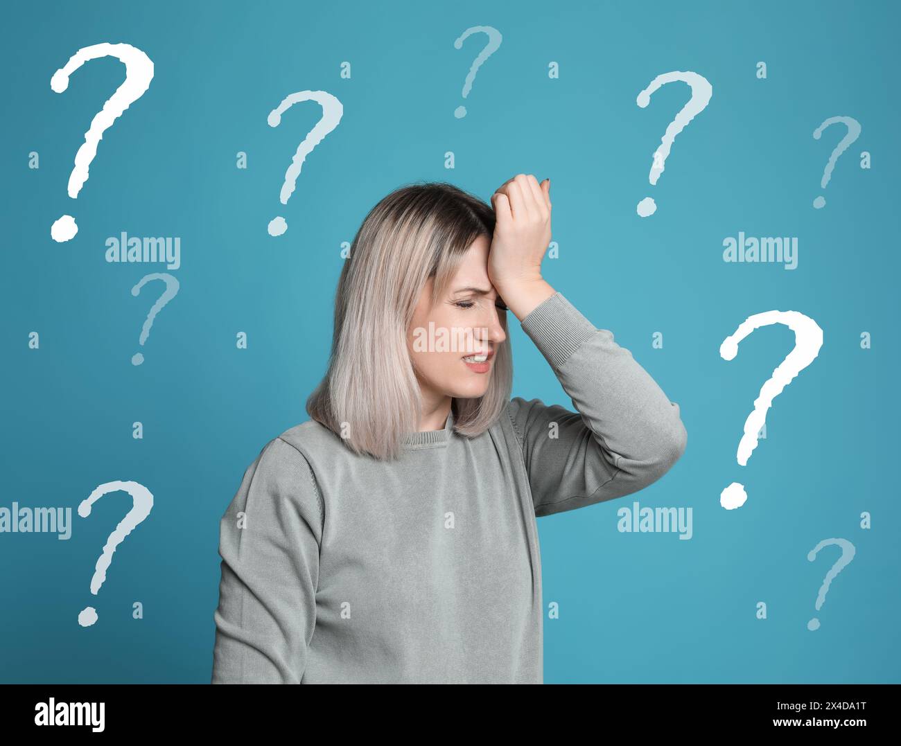 Amnesia. Confused woman and question marks on light blue background ...