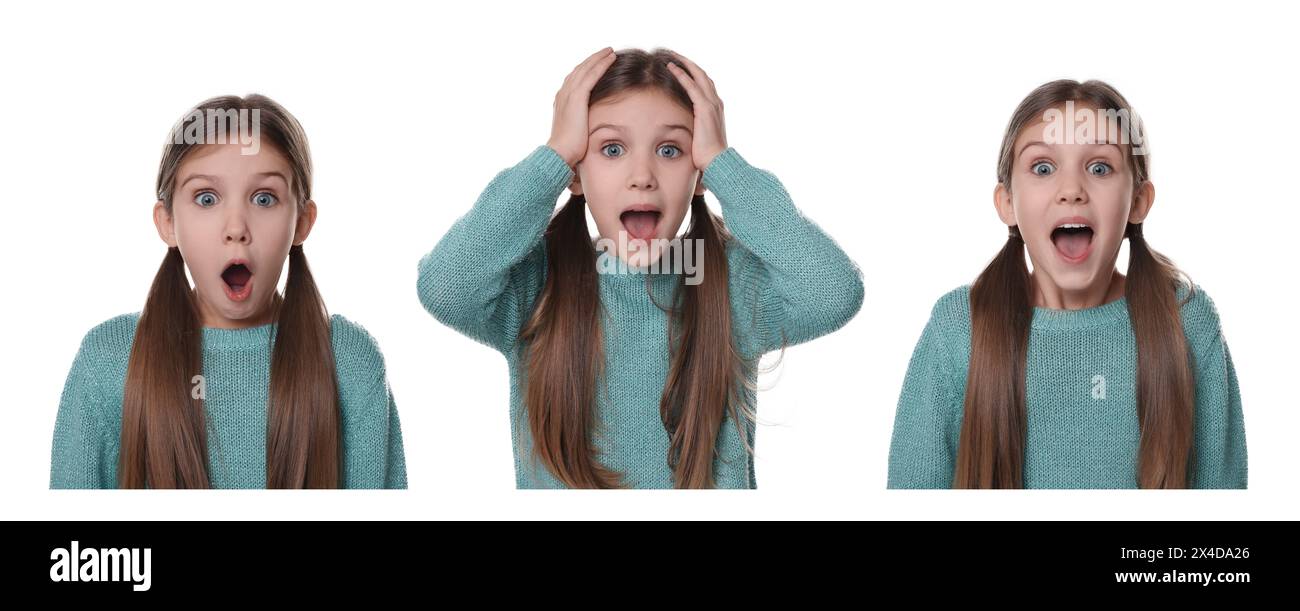 Surprised girl on white background, collage of photos Stock Photo - Alamy