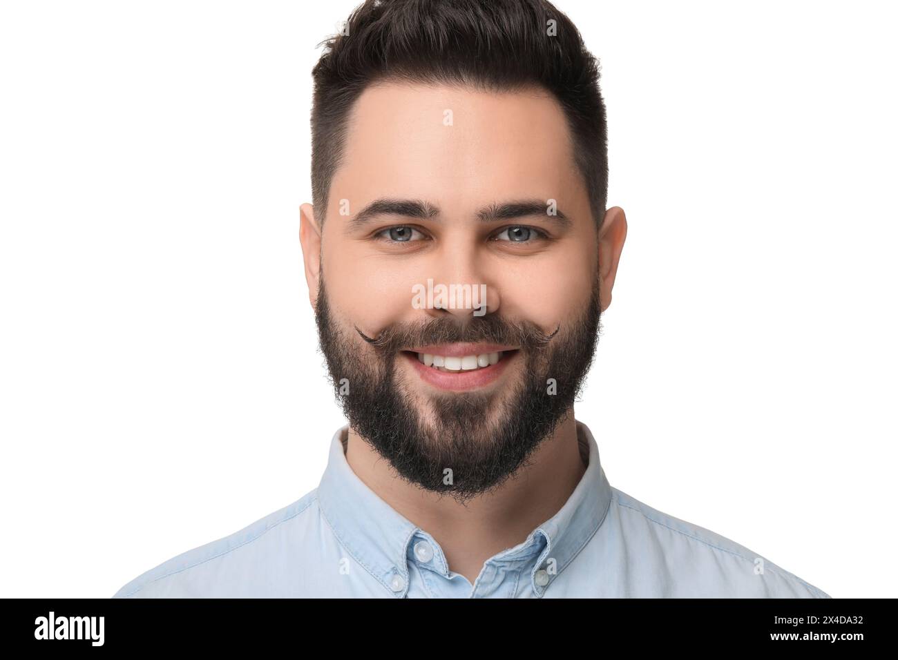 Portrait of happy young man with mustache on white background Stock ...