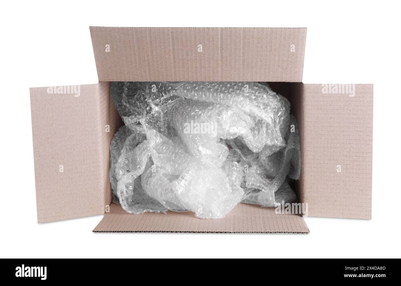 Transparent bubble wrap in cardboard box isolated on white Stock Photo ...