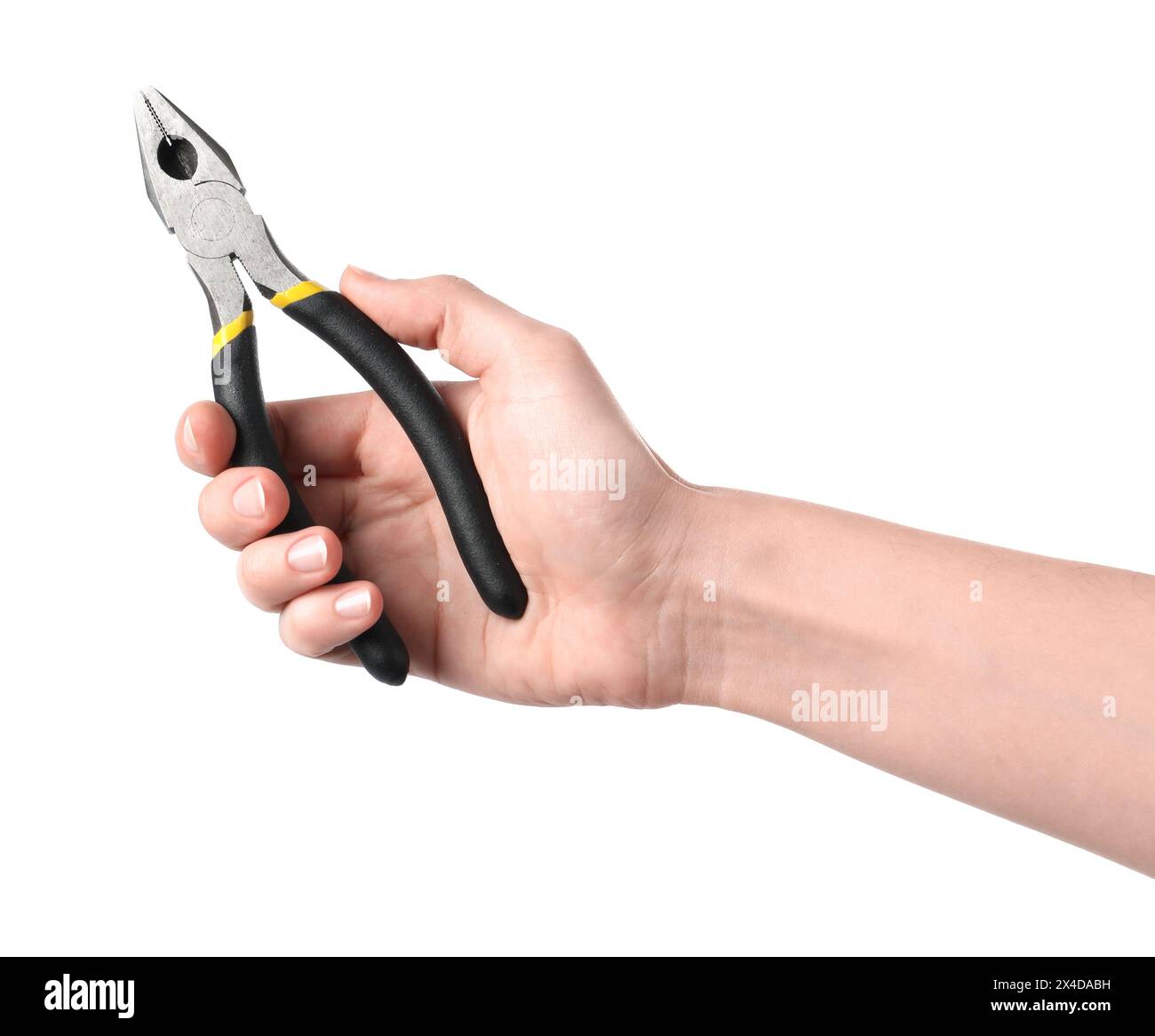 Woman holding combination pliers isolated on white, closeup Stock Photo ...