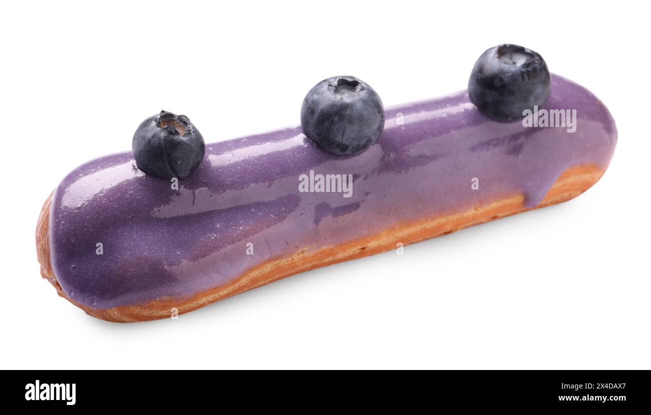 Delicious eclair decorated with blueberries isolated on white Stock ...